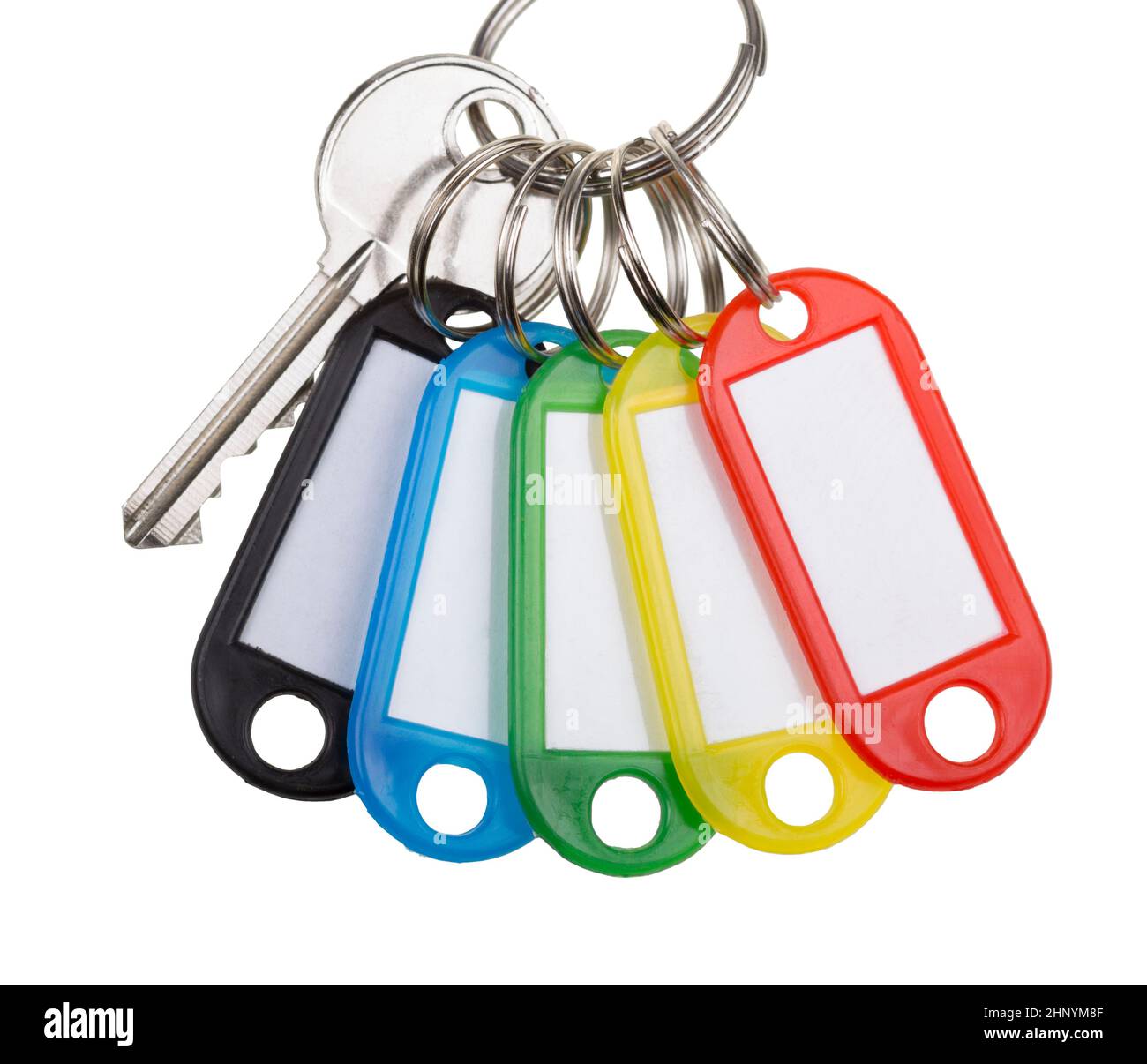 One Key With Five Tags isolated on white. Concept of multipurpose ...
