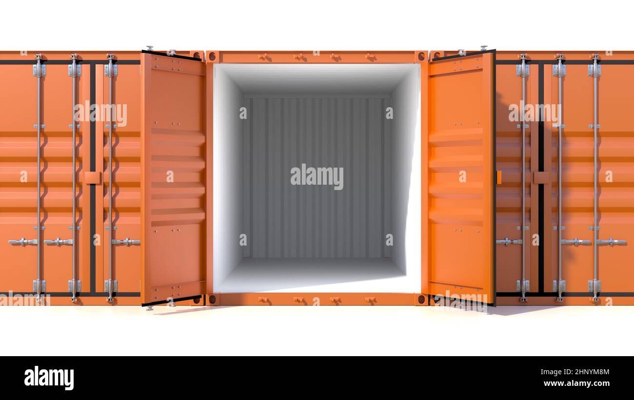 Empty ship cargo container 20 feet length, side view, open doors. Brown ...