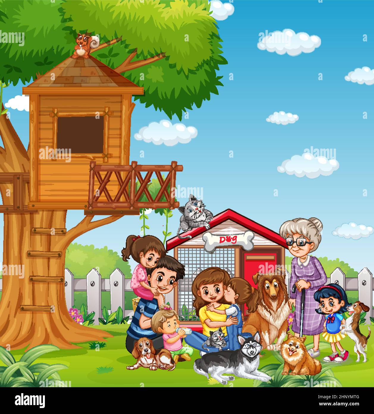Outdoor scene with happy family and their dogs illustration Stock ...