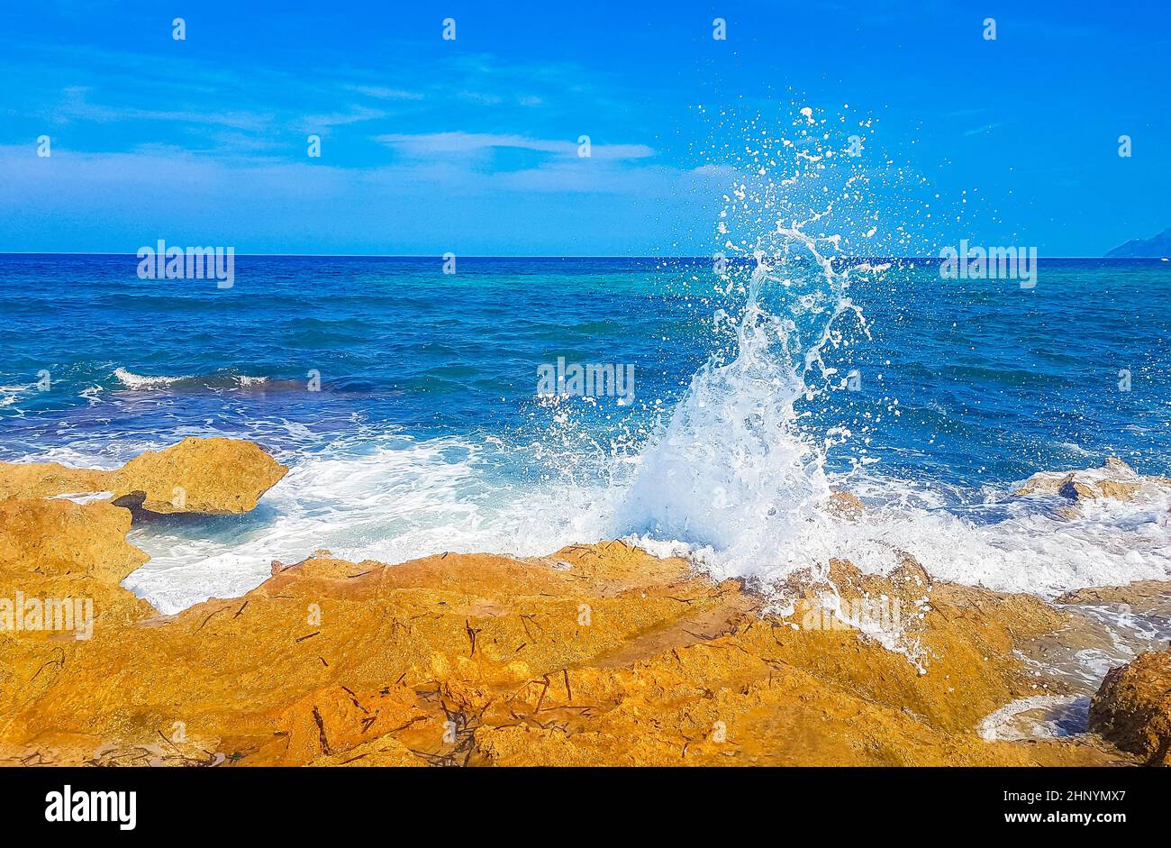 Huge strong waves at rough natural coastal and beach landscape panorama ...