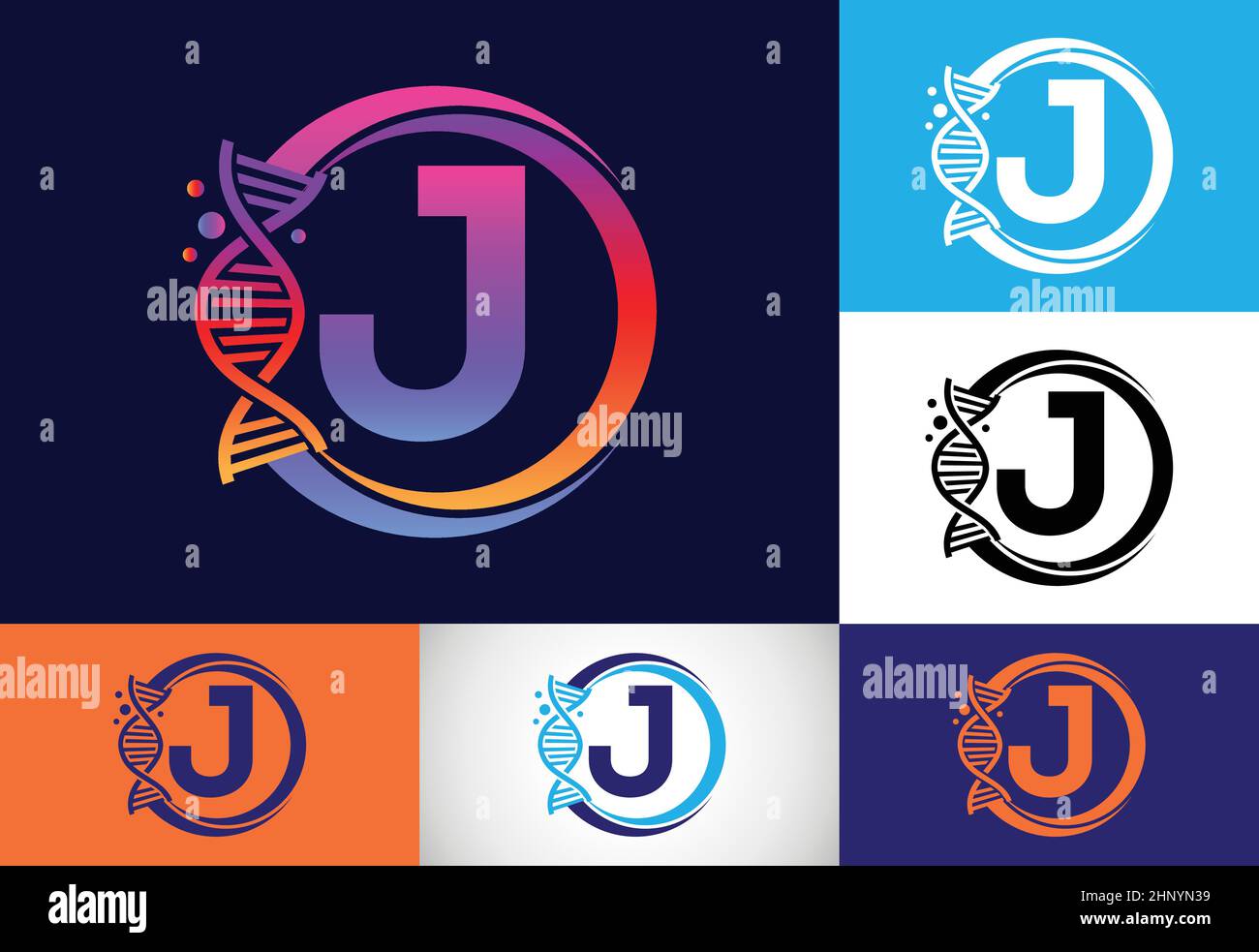 Initial J monogram alphabet in a circle with DNA. Genetics logo design ...