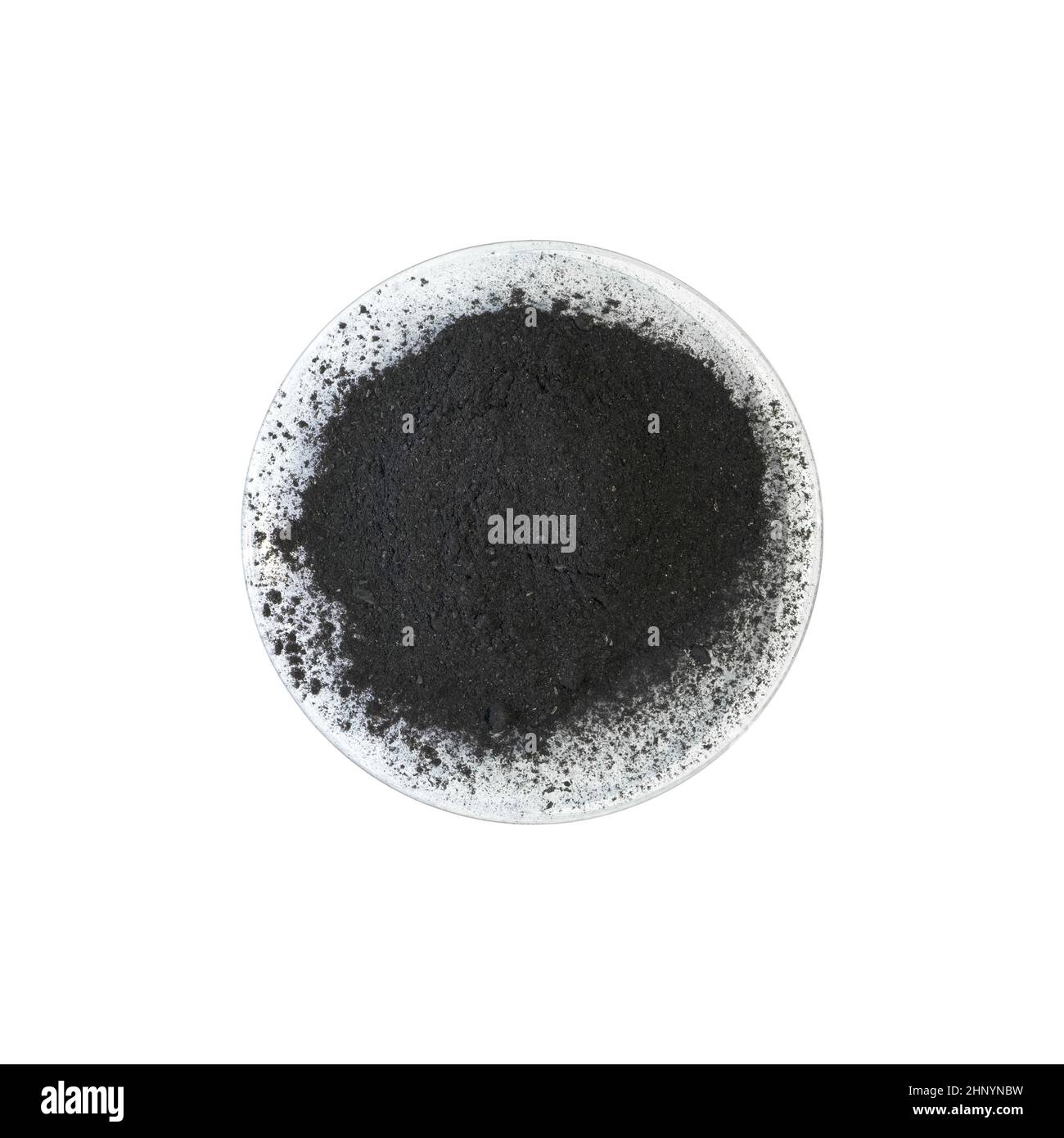 Carbon Charcoal Powder in Chemical Watch Glass. Close up chemical ...