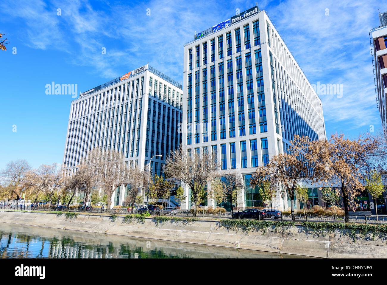 Bucharest, Romania, 20 Nov 2021: Modern glass business buildings at Timpuri Noi area with ...