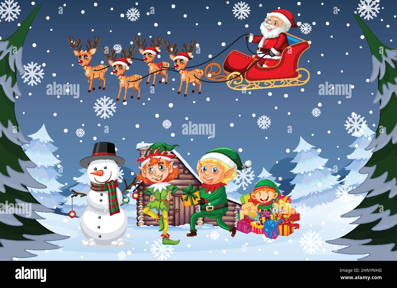 Snowy night scene with Christmas cartoon characters illustration Stock ...