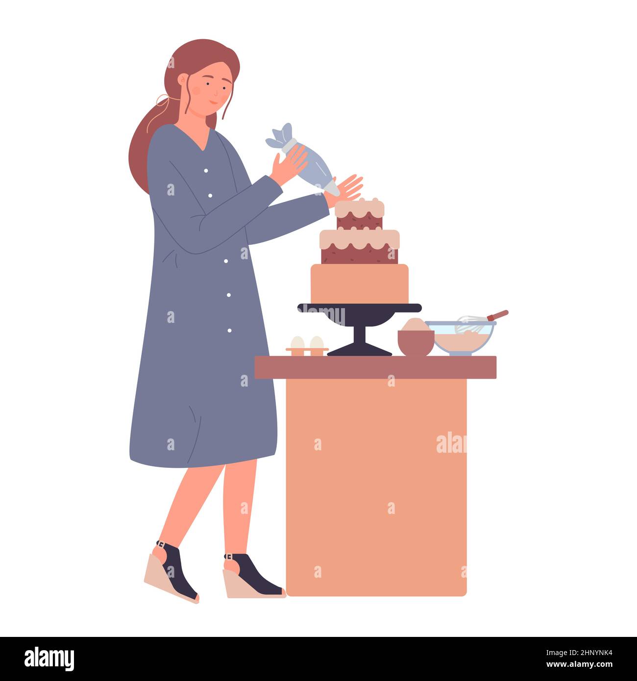 Smiling young woman decorating pastry cake with cream. Confectionery ...