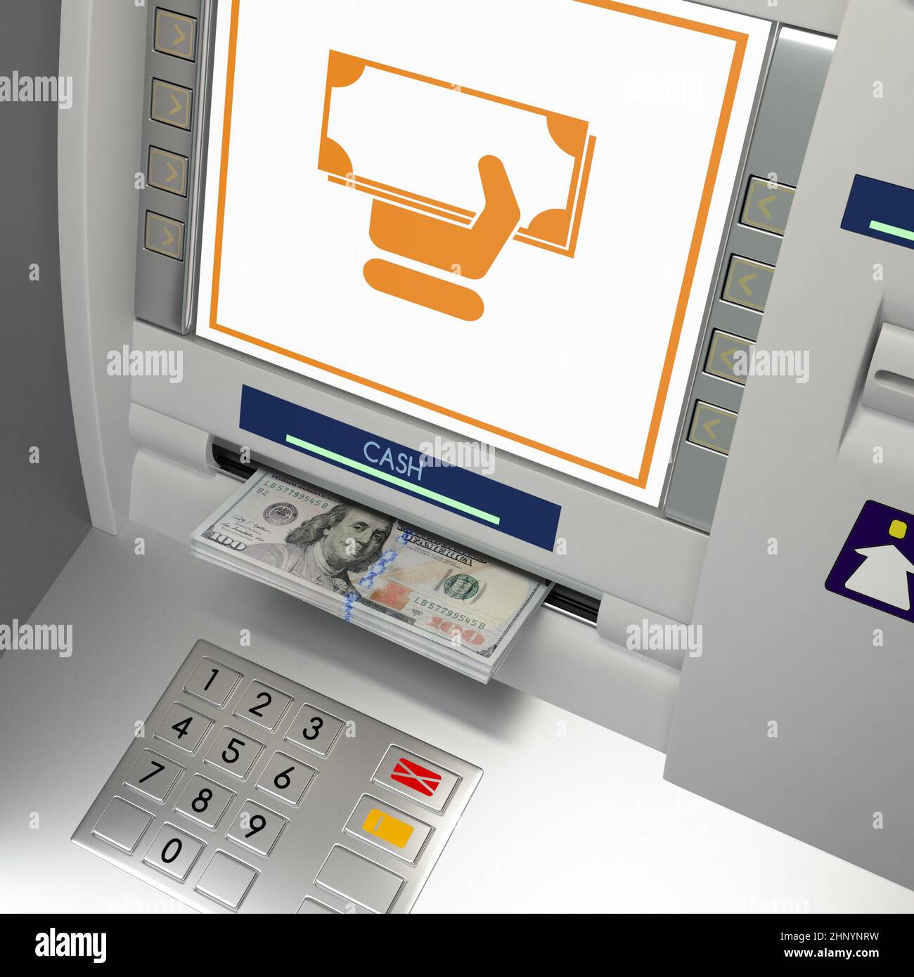 ATm machine with money withdrawal icon and banknotes in the money slot ...