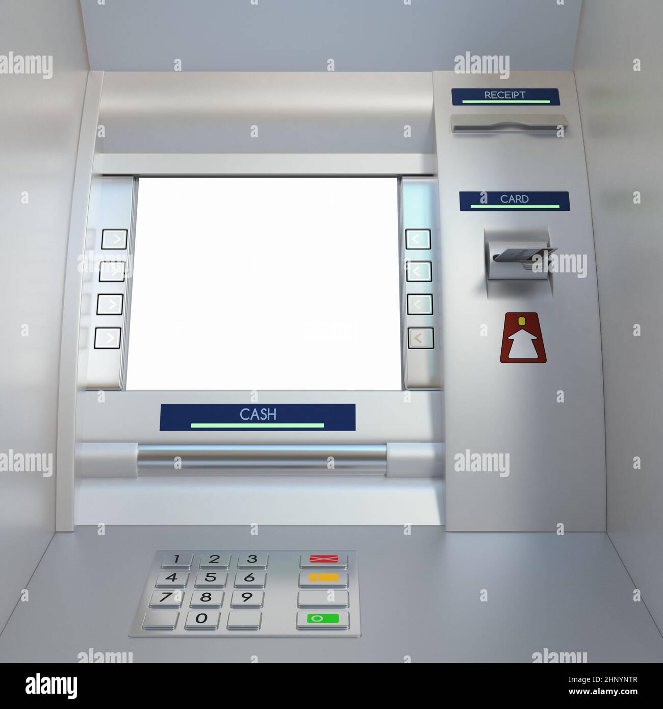 Atm machine with a card in card reader. Display screen, buttons, cash ...