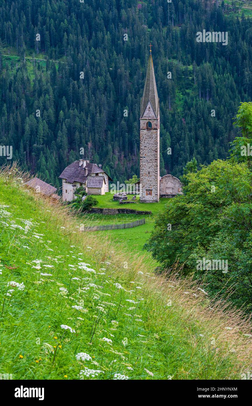 Clock Tower of the ancient church of Saint Genesio in La Val, Val Badia ...