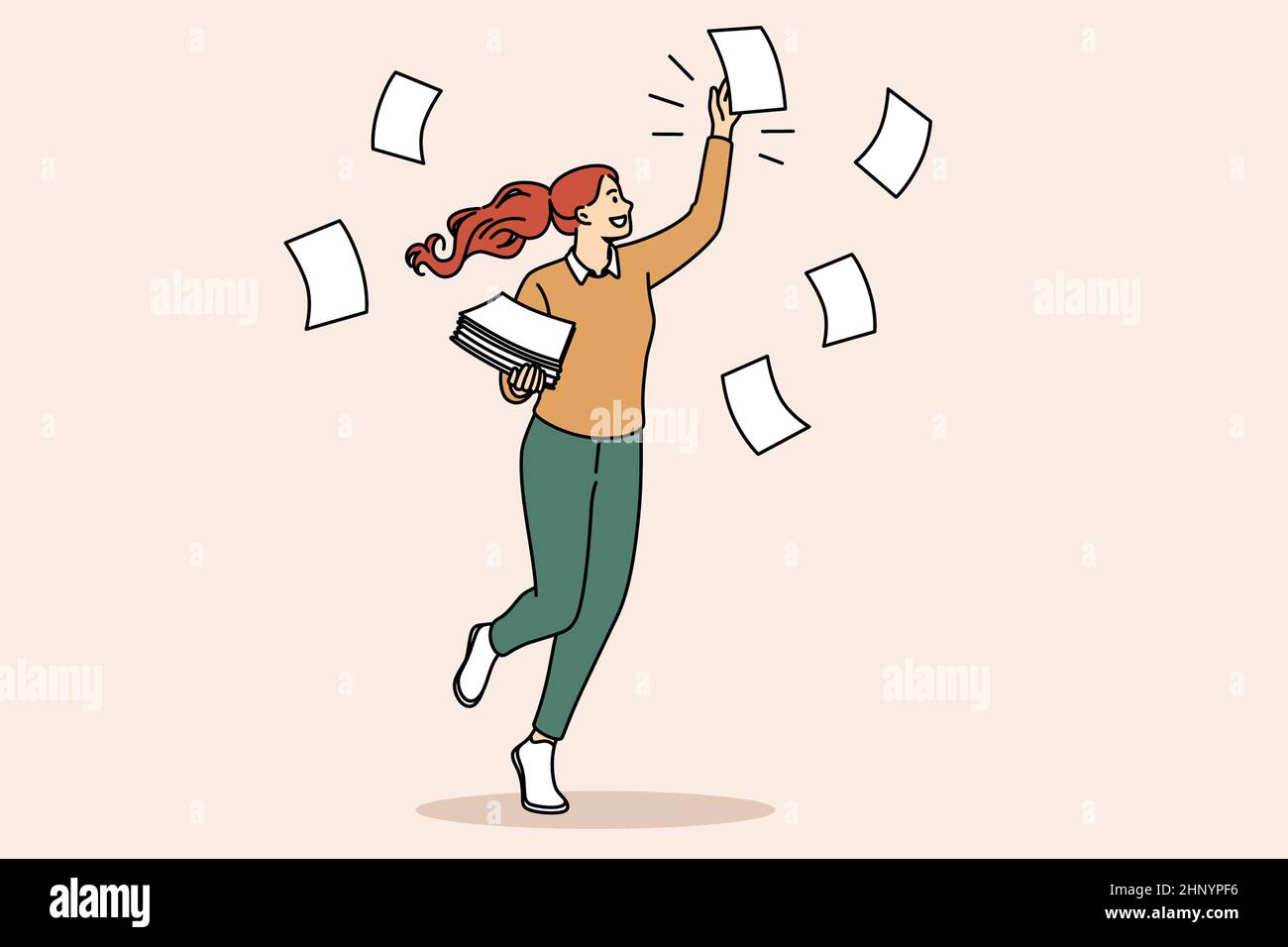 Multi tasking and work concept. Young smiling woman cartoon character ...