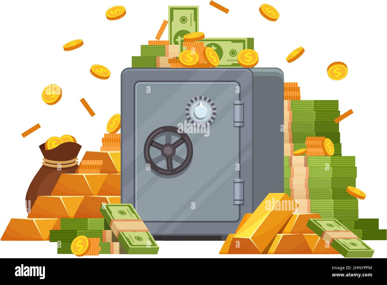 Bank safe with dollar bills, golden coins and bars. Money safety ...