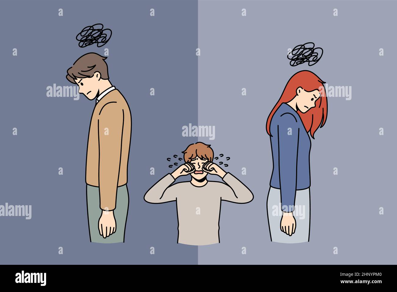 Divorce and family breaking concept. Small depressed boy kid standing ...