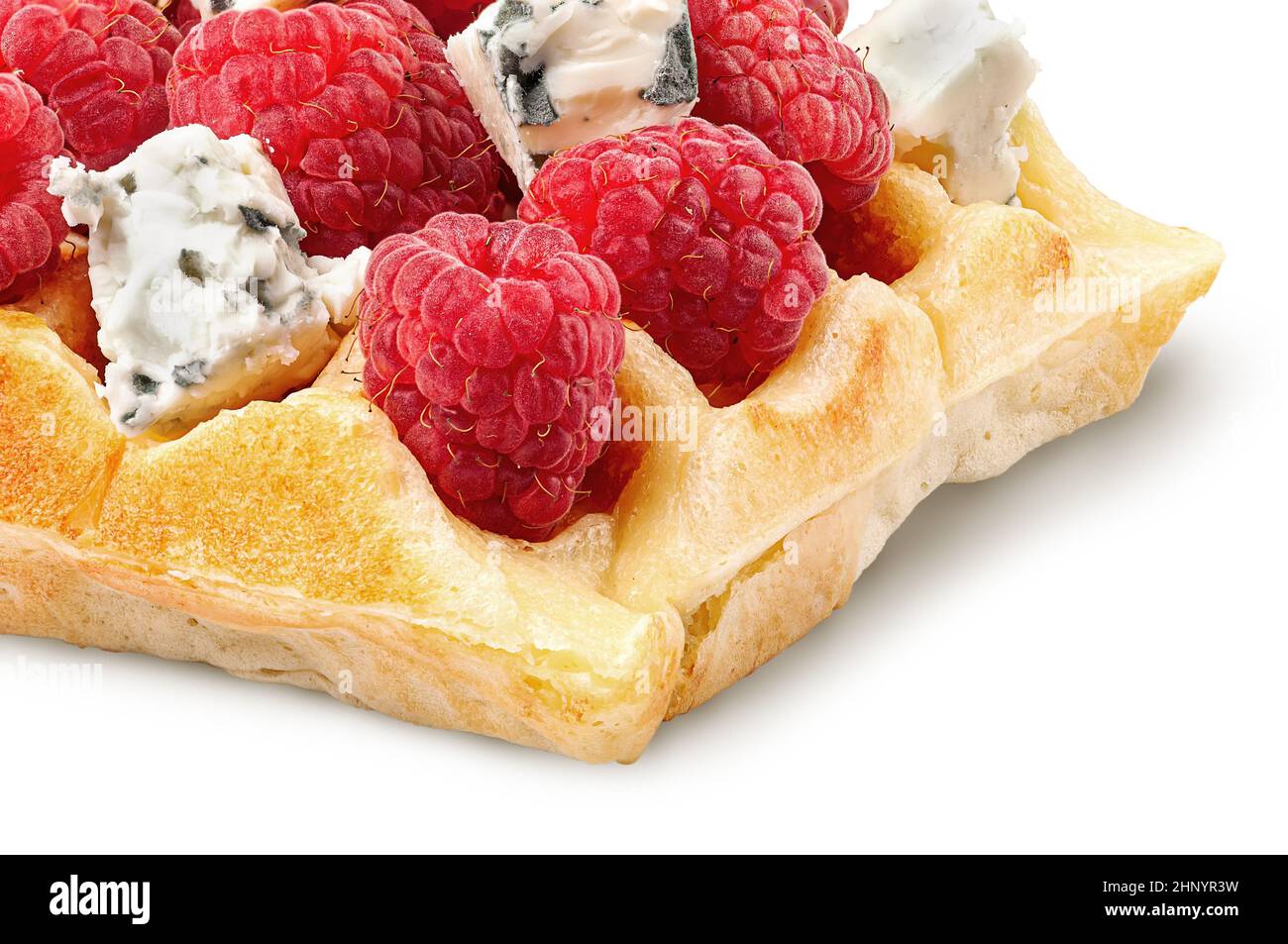 Closeup of french waffles with raspberries and dorblu cheese isolated ...
