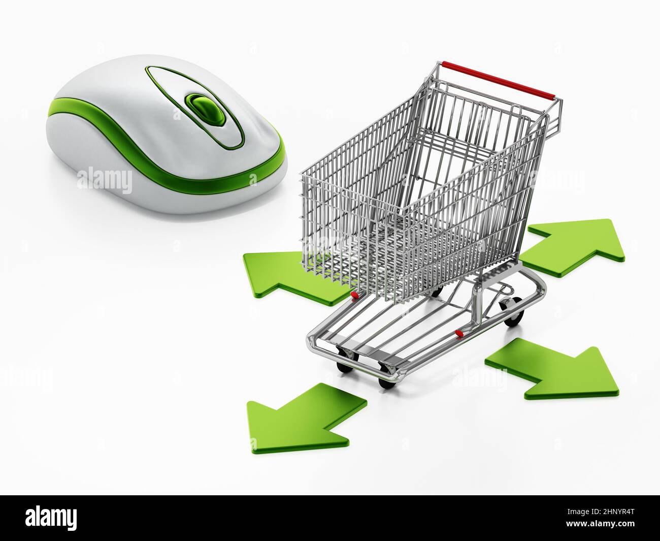 Shopping cart and computer mouse isolated on white background. 3D ...