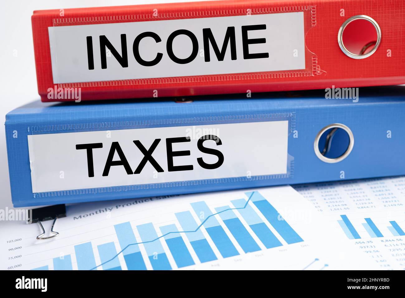 Income and Taxes. Binder data finance report business with graph ...