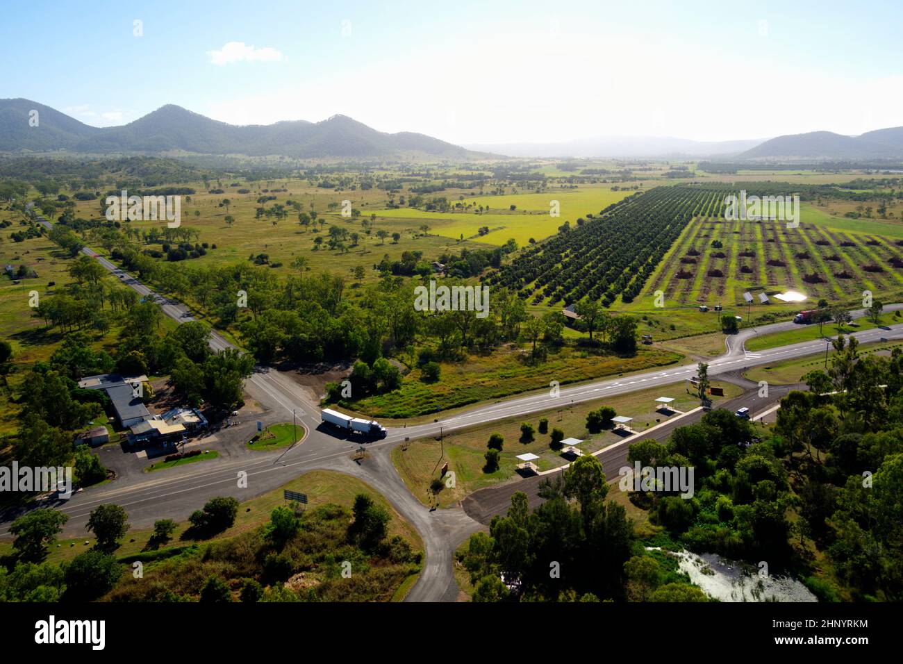 Aerial of the Isis and Burnett Highways as they meet at the Roadhouse ...