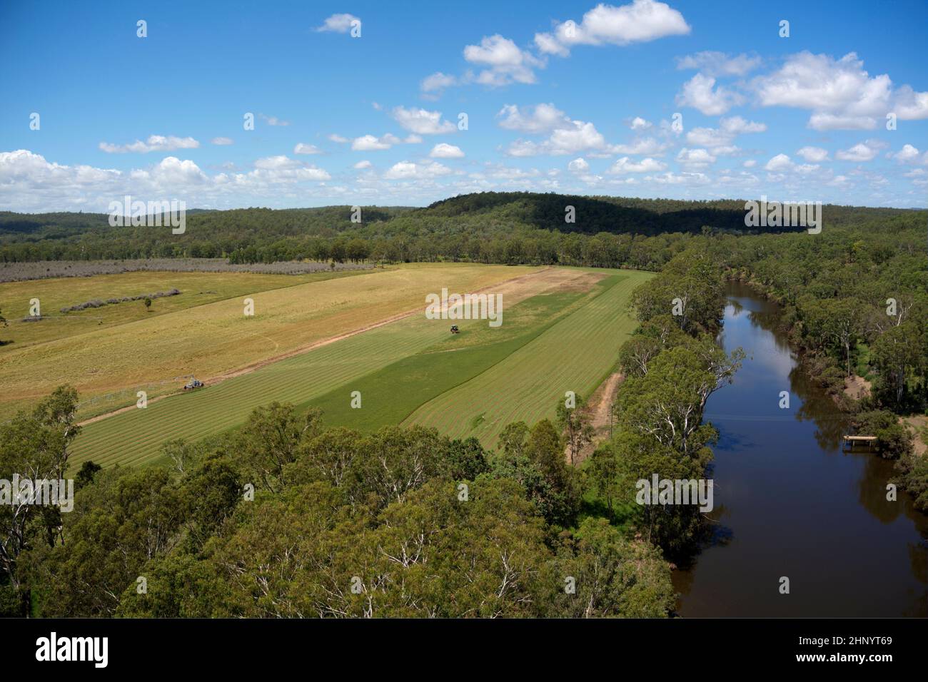 Aerial of irrigated lucerne crop on Barambah Creek near Murgon ...