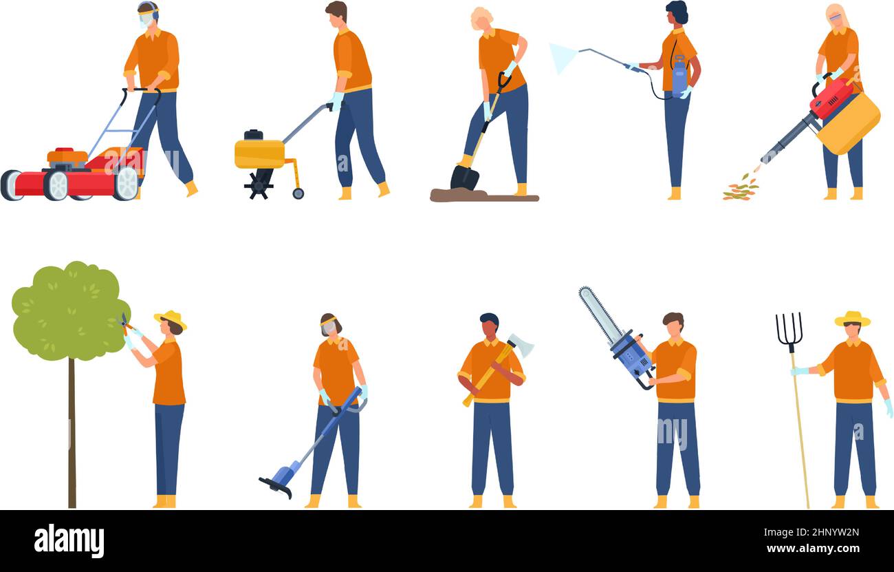 Flat garden workers with equipment trimming tree and grass ...