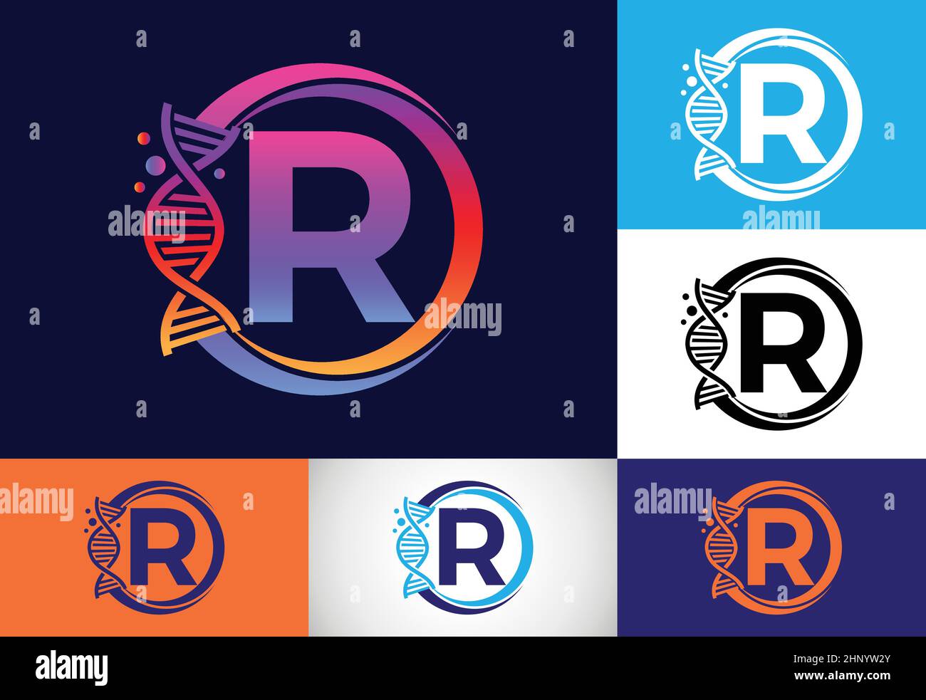 Initial R monogram alphabet in a circle with DNA. Genetics logo design ...