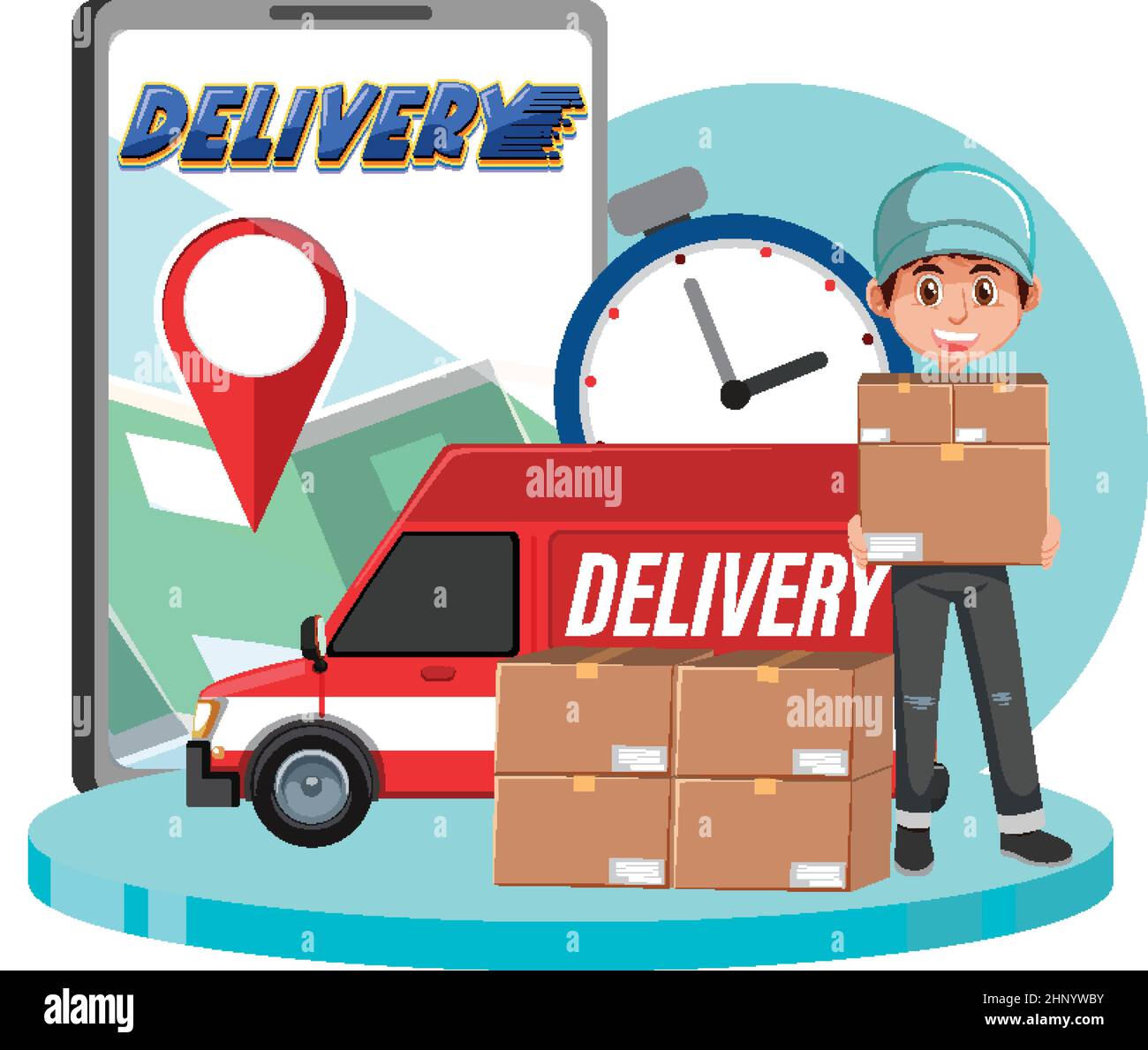 Courier holding a package with delivery panel van illustration Stock ...