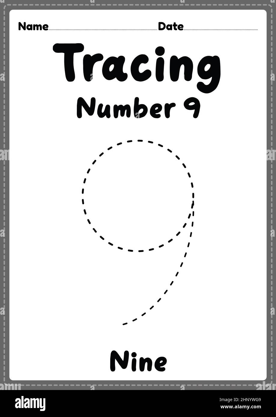 Tracing number 9 worksheet for kindergarten, preschool and Montessori ...