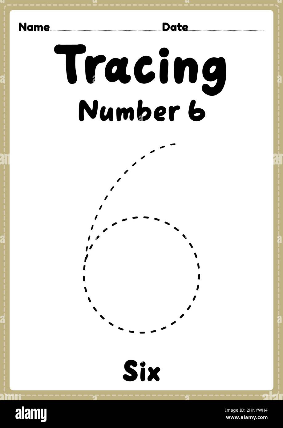 Tracing number 6 worksheet for kindergarten, preschool and Montessori ...