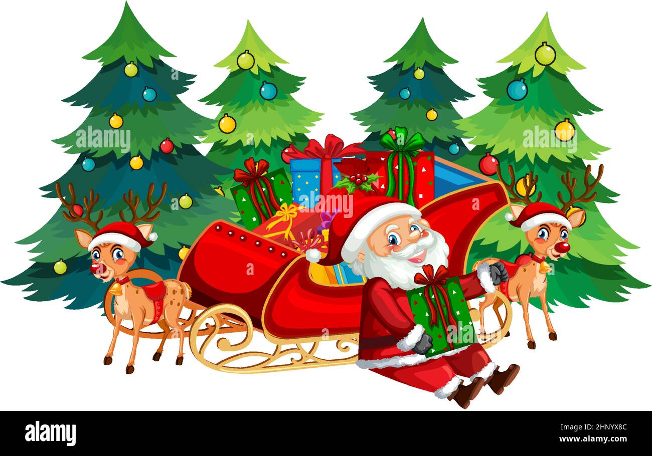 Santa Claus and reindeer sleigh with Christmas trees illustration Stock ...
