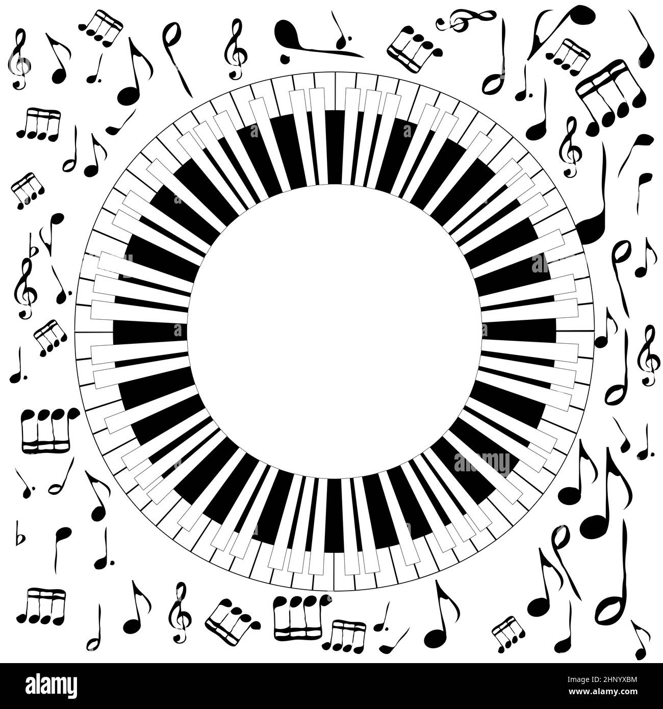 Black and white musical concept with round piano and musical notes and ...