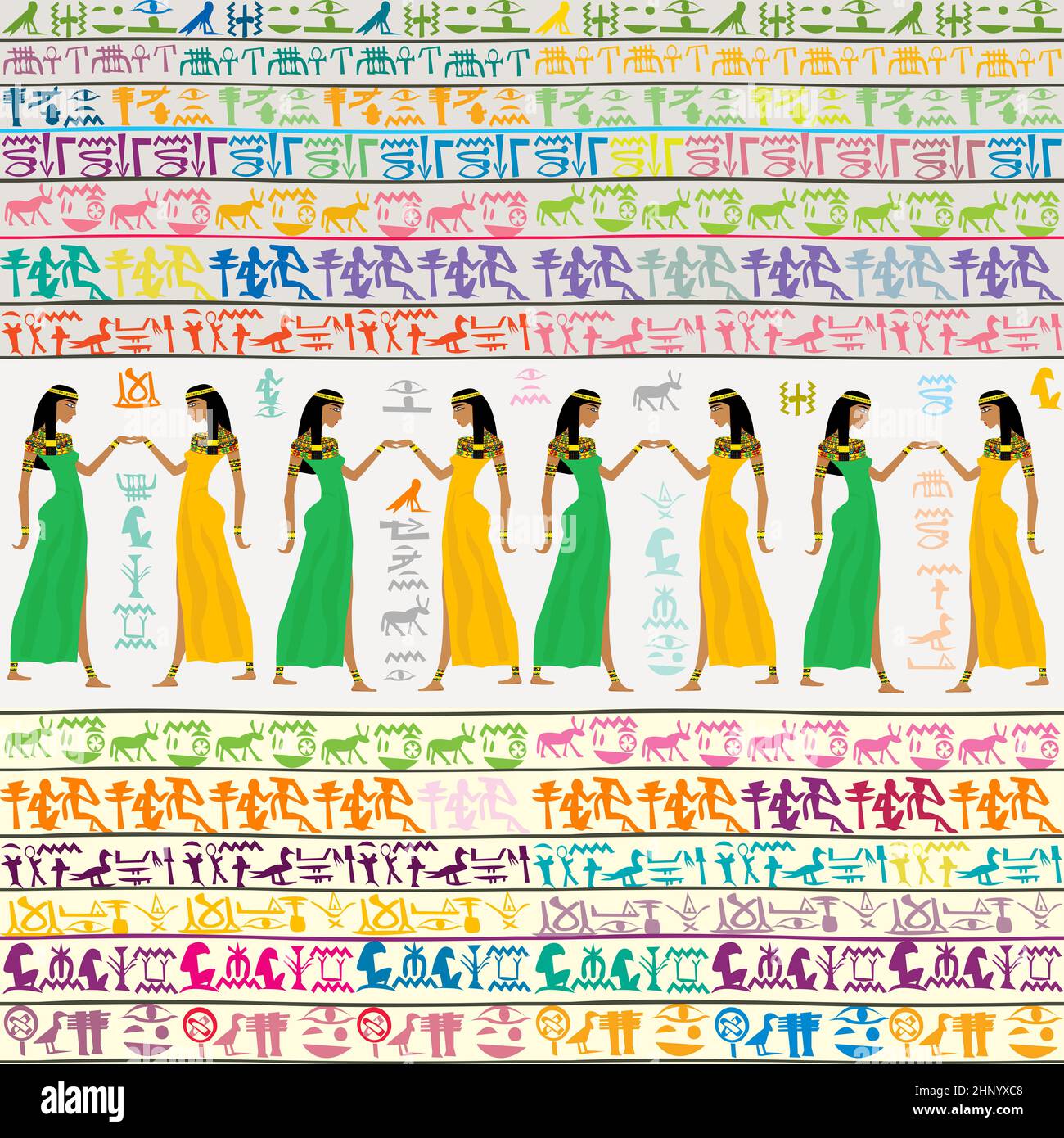 Colorful Egyptian pattern with egyptian women and hieroglyphs Stock ...