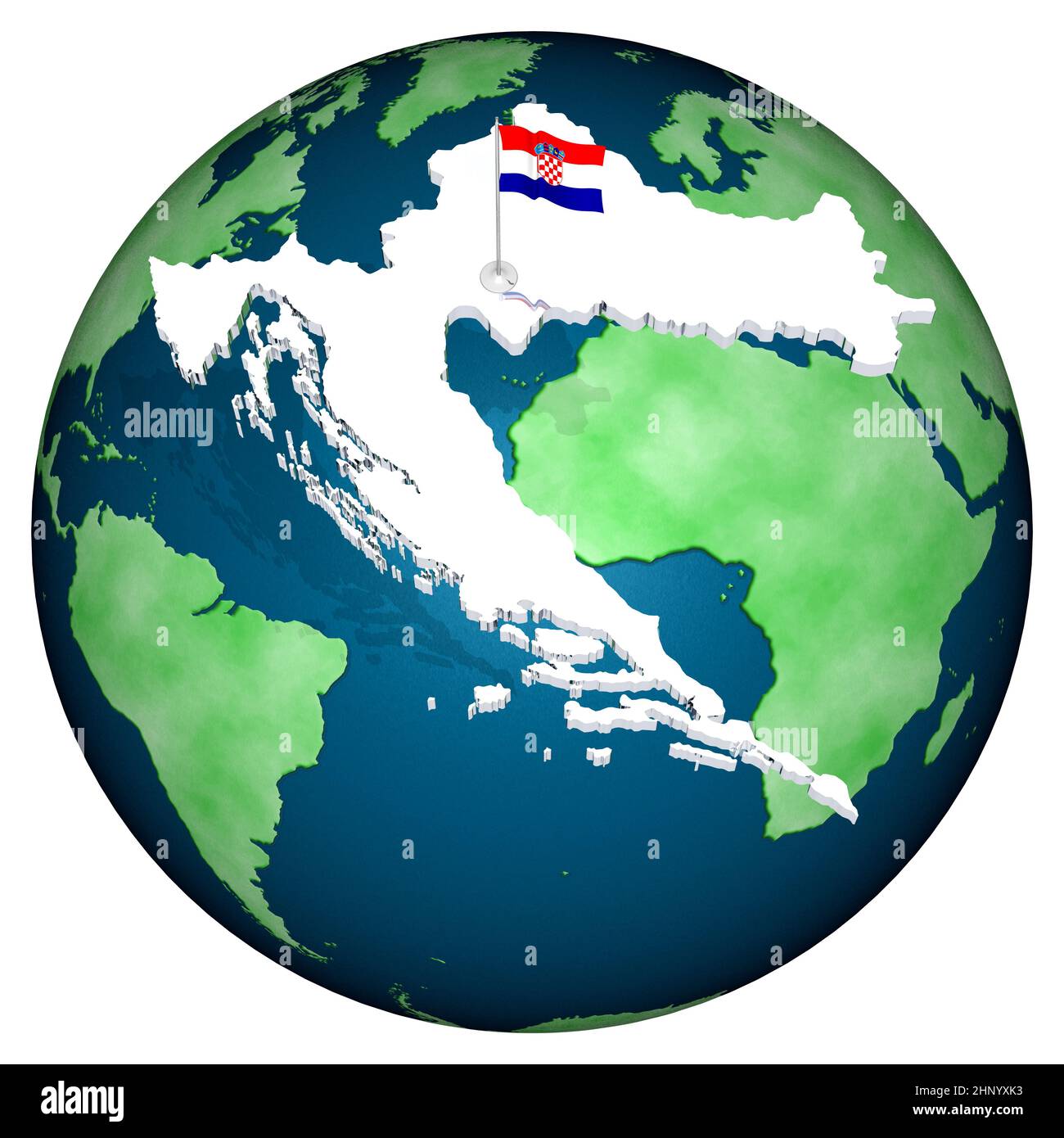 3D illustration. Profile, borders and flag of the nation, with the ...