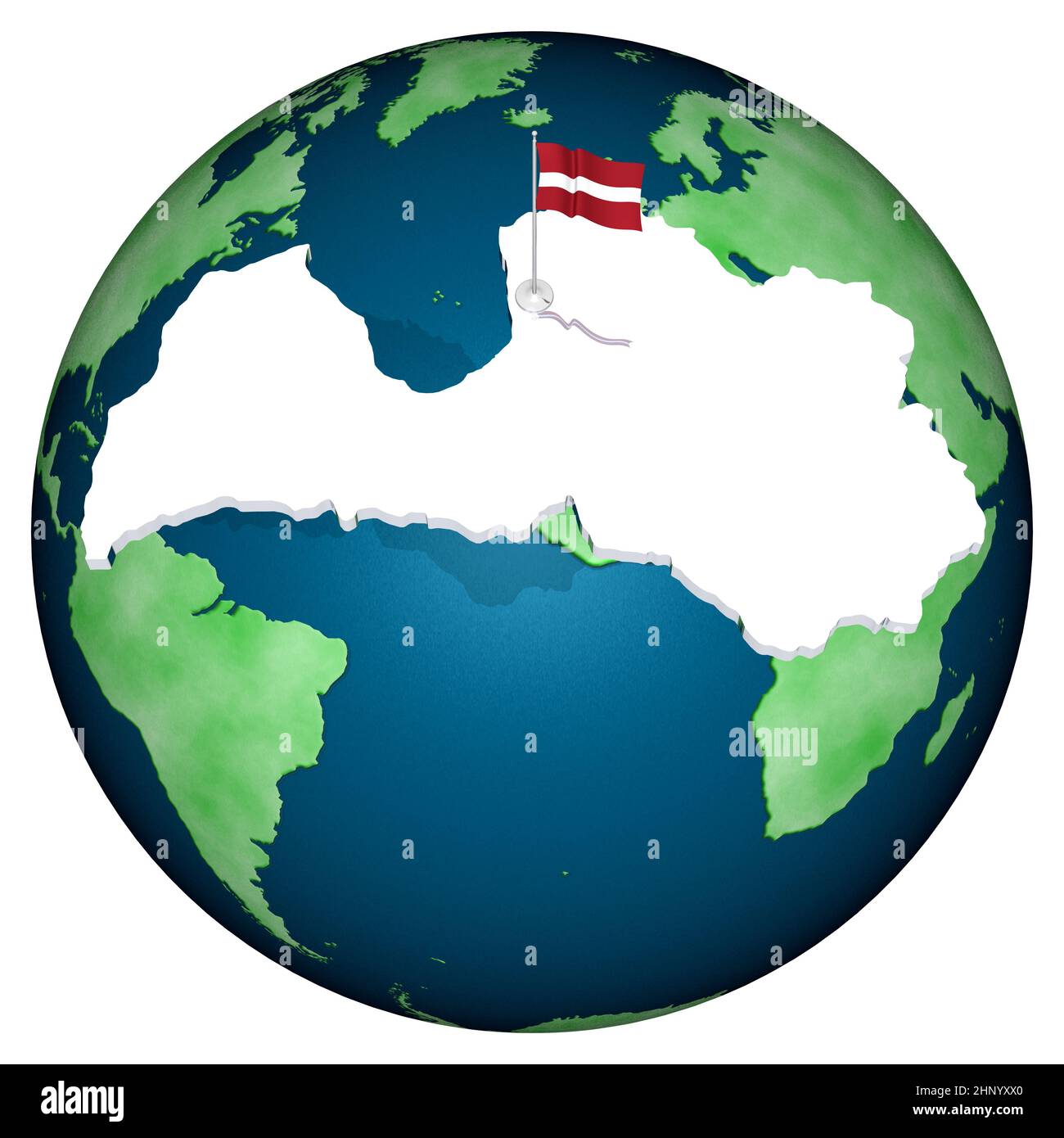 3D illustration. Profile, borders and flag of the nation, with the ...