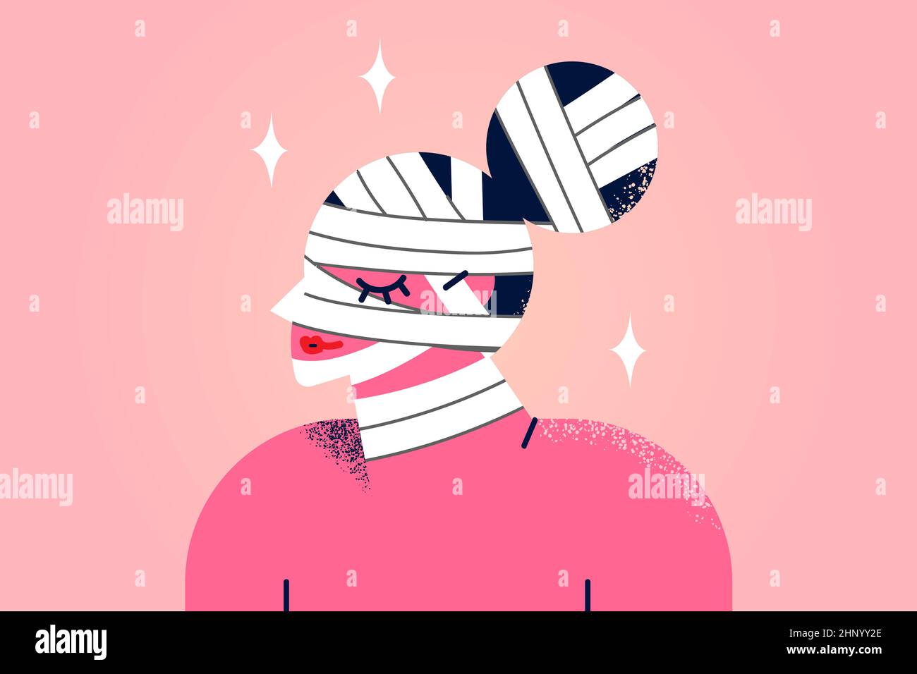 Young woman with head in bandages after cosmetic plastic surgery ...