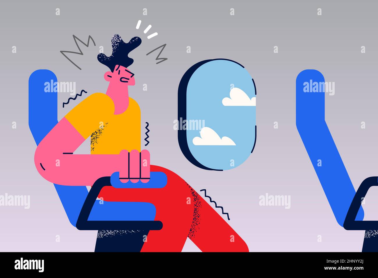 Stressed young man sit in plane chair have panic attack feel afraid of ...