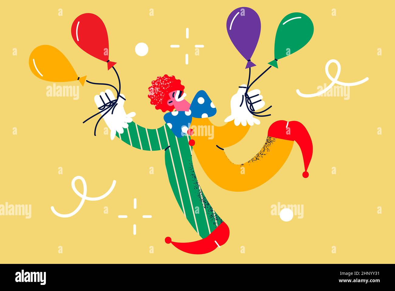 Overjoyed clown hold balloons have fun congratulate greet people on ...