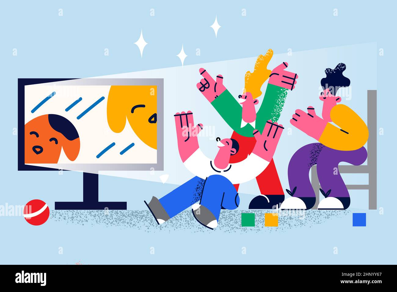 Happy children relax at home have fun watching cartoons on TV together ...