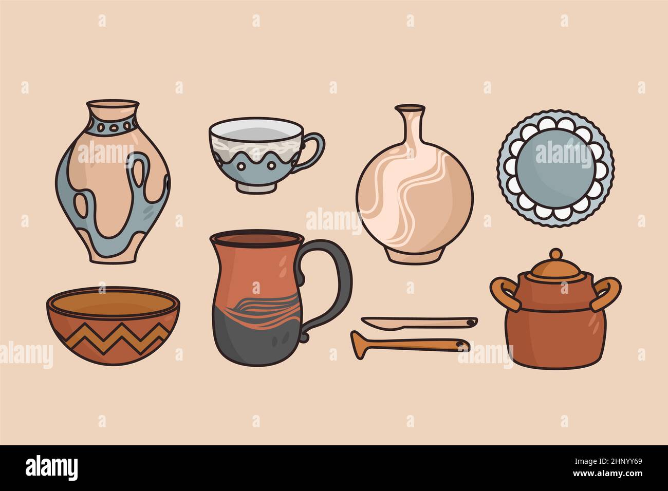 Clay kitchenware and tableware concept. Set of artisan handmade clay ...