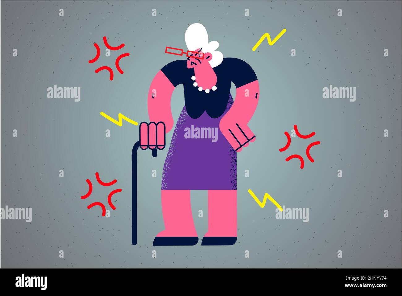Angry old grandmother with walking cane feel dissatisfied quarrel or ...