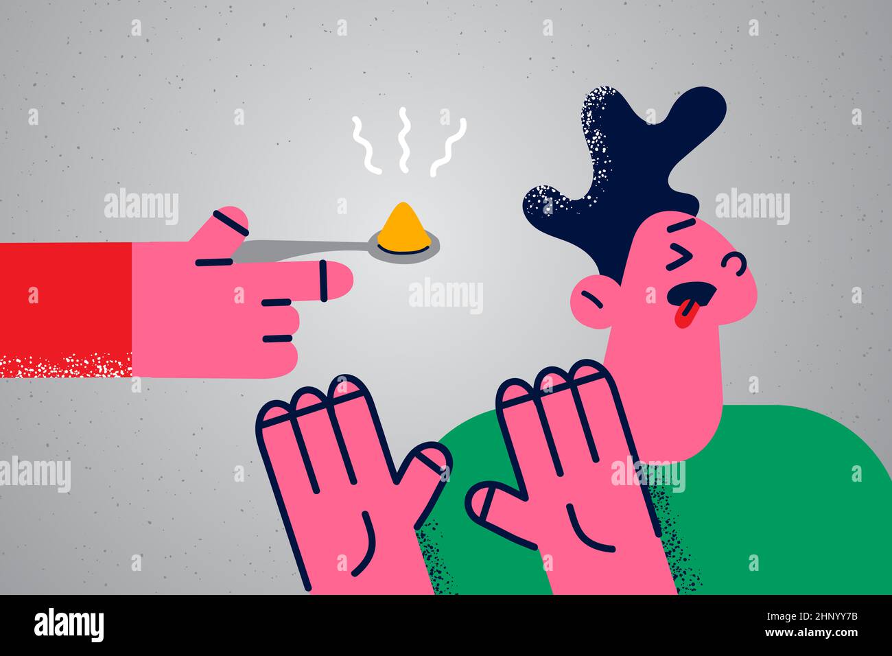 Unhappy boy refuse eating product feel disgusted with taste or smell ...