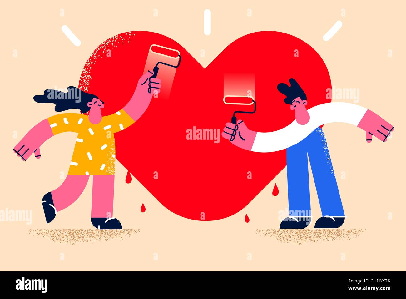 Happy couple paint red heart on wall demonstrate love and affection in ...
