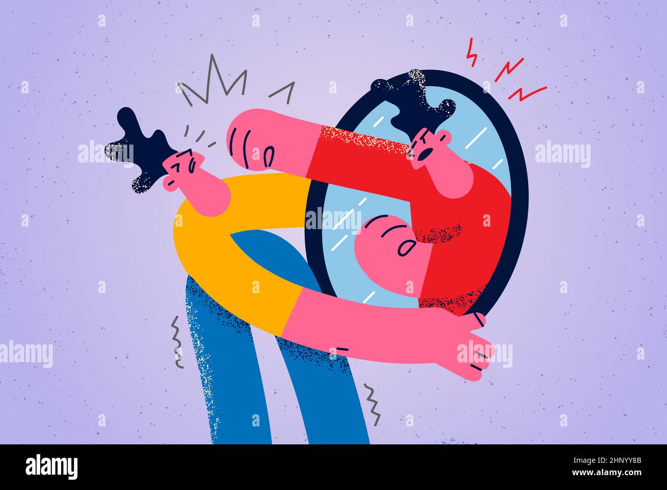 Unhappy man punch fight with self reflection in mirror suffer from ...