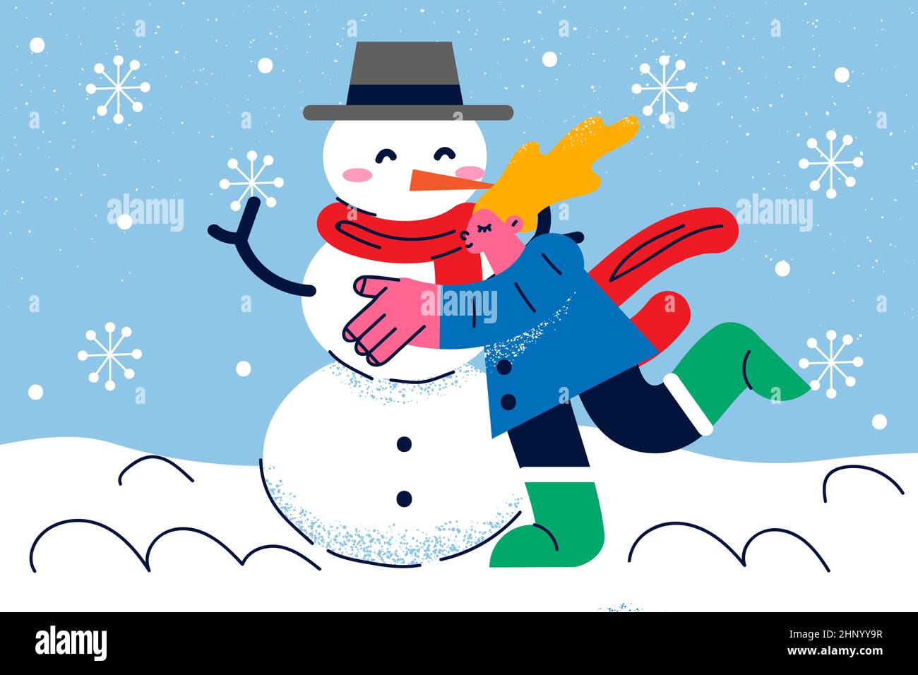 Happy girl child hug huge snowman play outdoor on winter holidays ...