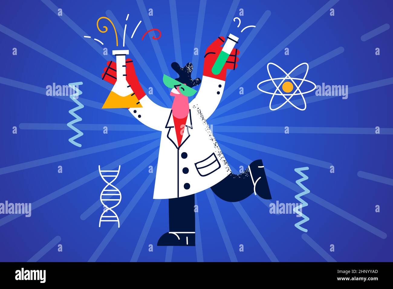 Happy scientist in white medical uniform hold tubes make chemical ...
