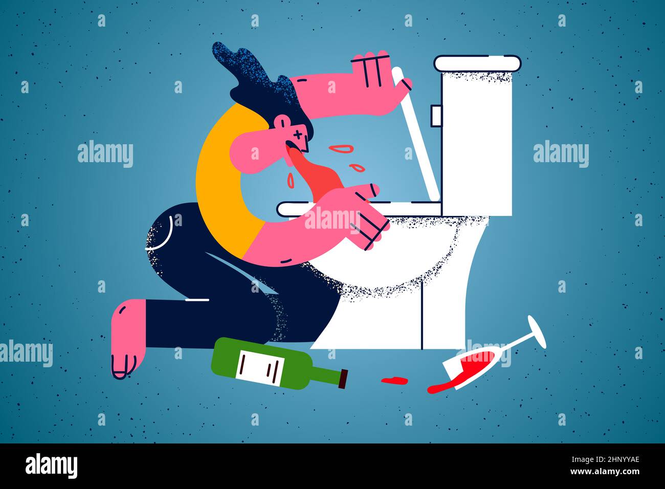 Unhealthy woman suffer from hangover vomit into toilet. Unwell girl ...