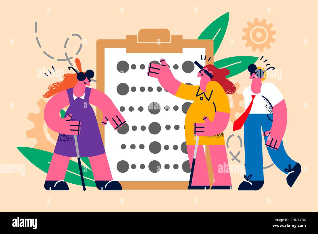 Disabled diverse people learn reading by braille alphabet on board ...