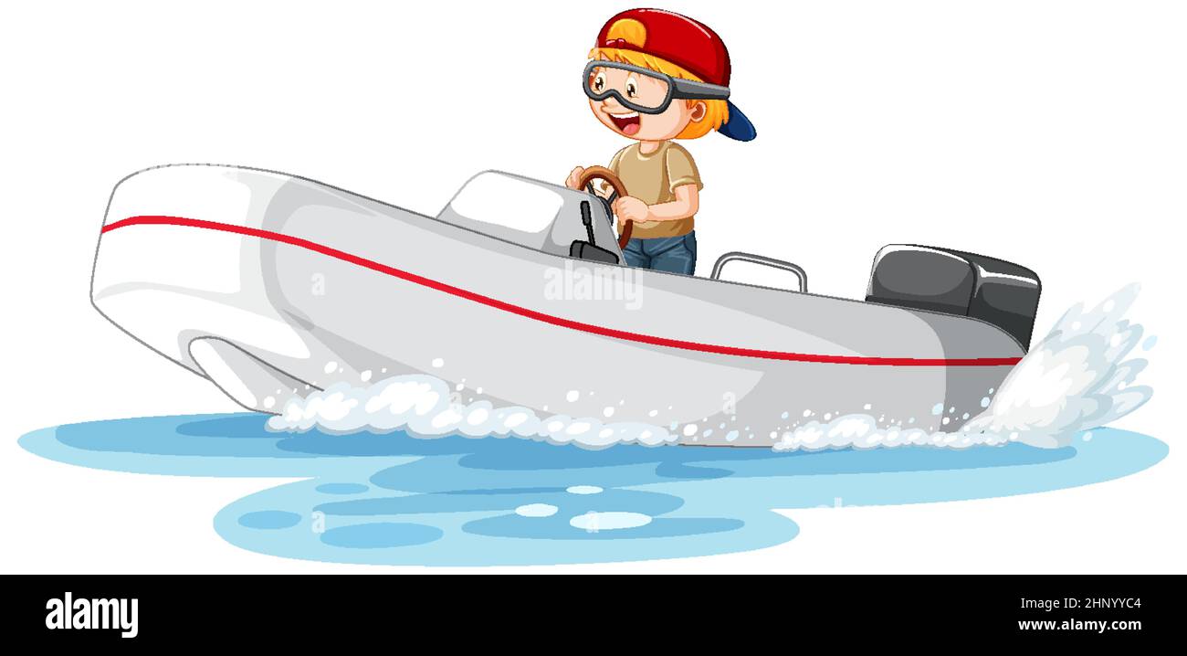 A boy driving motorboat in cartoon style illustration Stock Vector ...