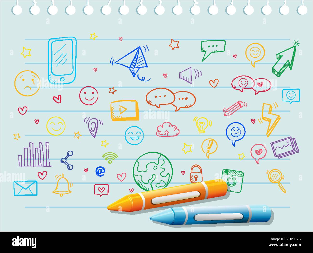 Coloured doodles objects on paper with crayons illustration Stock ...