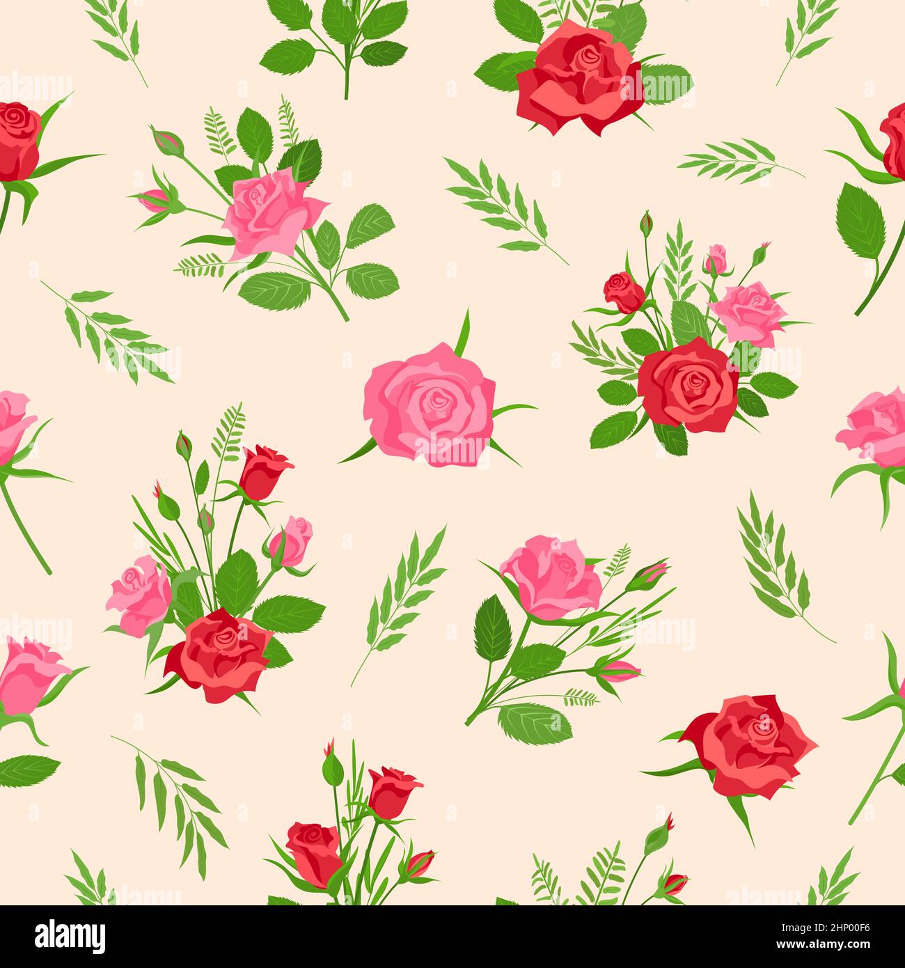 Romantic rose seamless pattern with flowers, buds and herb. Cartoon ...