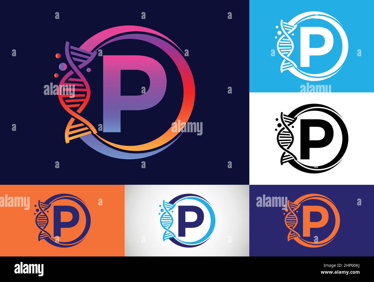 Initial P monogram alphabet in a circle with DNA. Genetics logo design ...