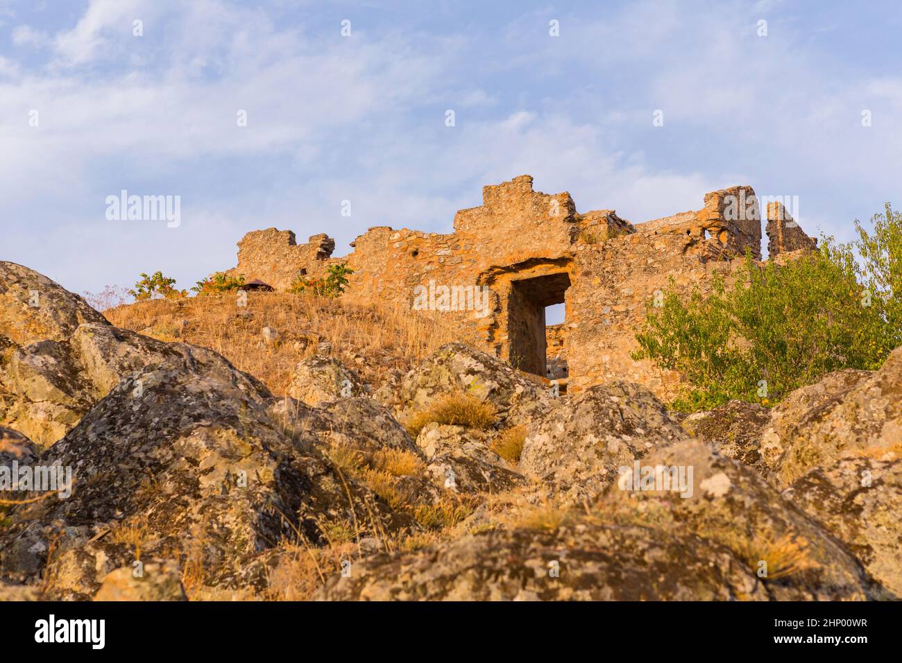 Stone tower of the old castle in the ancient town of Castelo Rodrigo in ...