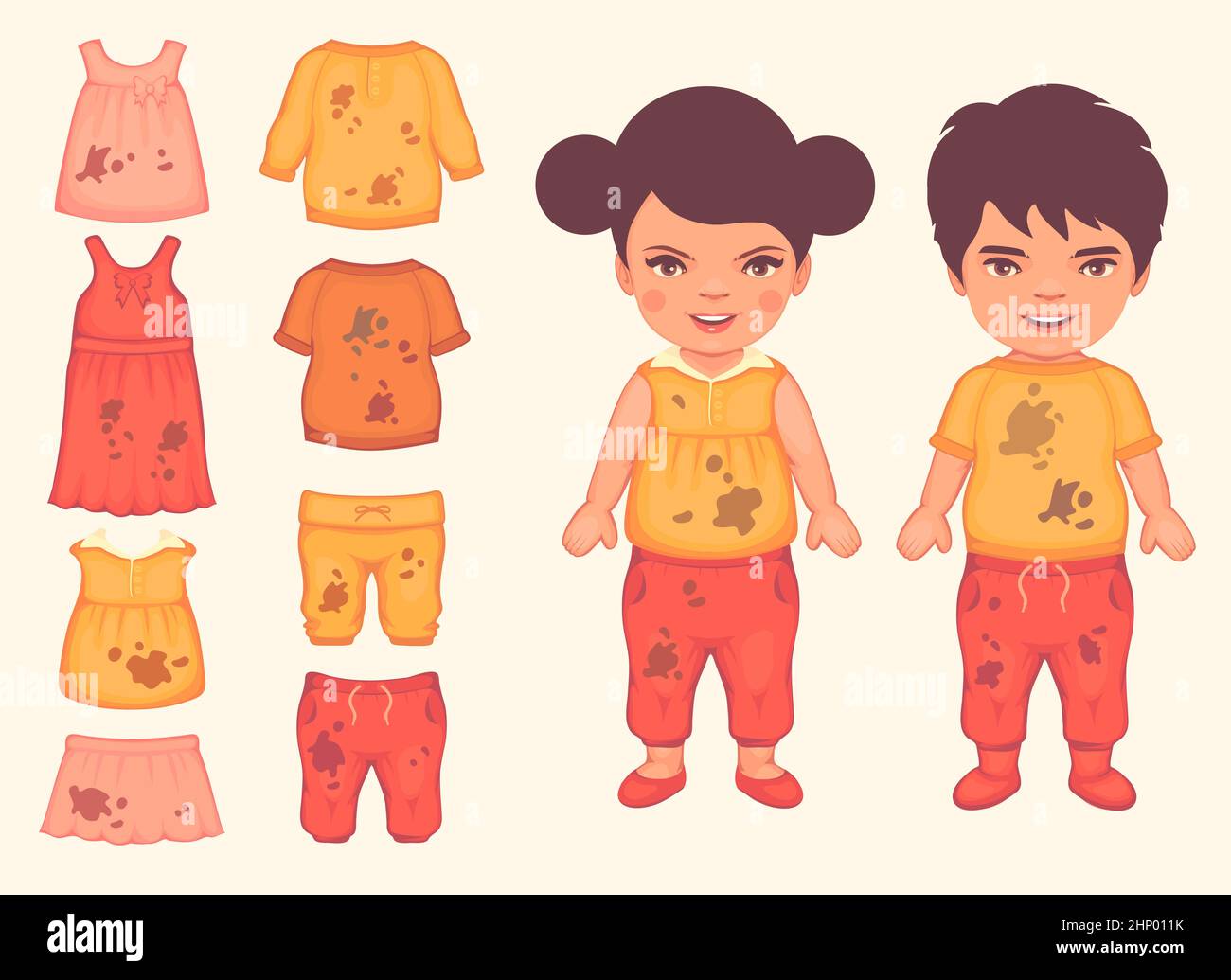 Spotted Kids Clothes with Splashes for Laundry, cartoon children in ...