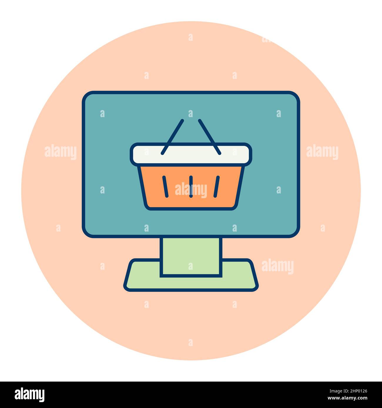 Computer display with shopping cart flat icon vector. Online shoping ...